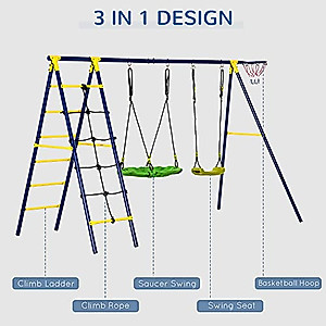 Outsunny Kids Metal Swing Set for Backyard, Outdoor Play Equipment, with Saucer Swing Adjustable Swing Seat, Basket Hoop, Climb Ladder, Net, A-Frame Metal Stand, for 3-10 Years Old, Green