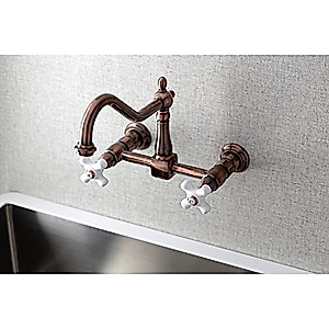 Kingston Brass KS124PXAC Heritage Two-Handle Wall Mount Bridge Kitchen Faucet, Antique Copper