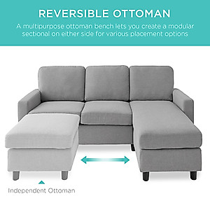 Best Choice Products Upholstered Sectional Sofa for Home, Apartment, Dorm, Bonus Room, Compact Spaces w/Chaise Lounge, 3-Seat, L-Shape Design, Reversible Ottoman Bench, 680lb Capacity - Light Gray