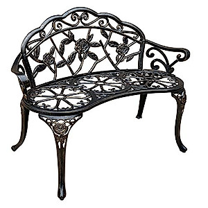 Outrora Garden Bench, Metal Park Bench Cast-Aluminum Outdoor Benches Front Porch Outdoor Furniture with Floral Rose for Patio, Park, Lawn, Yard（Copper）