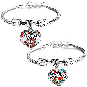 YEEQIN Set of 2 Crystal Heart Mom Daughter Charm Bracelet Jewelry Gift for Mother and Daughter (Multicolor)