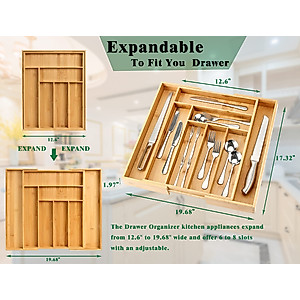 XYMiJiaLe Kitchen Drawer Organizer, Bamboo Drawer Organizer, silverware organizer, Kitchen Utensil Organizer, utensil organizer, flatware tray, expandable drawer organizer(6-8 slots)