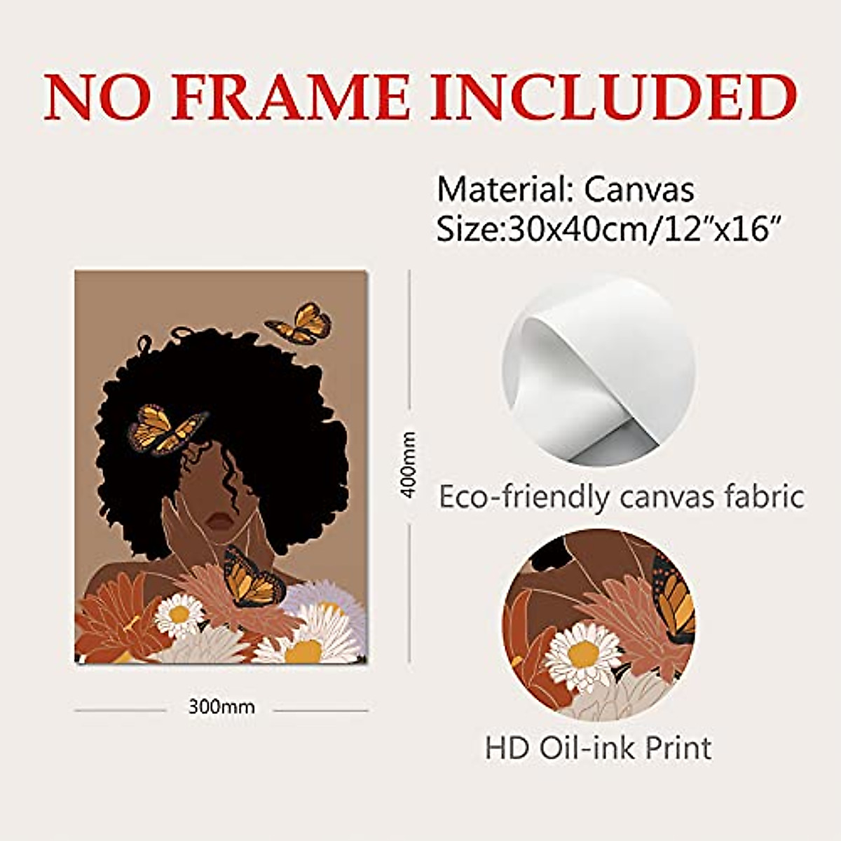 MUELOSY African American Woman Art, Fashion Art, Woman Fashion Portrait, Black Girl wall Art, Black Woman with Butterfly With Flower Wall Art Cavans Décor,12x16in set of 3 (Frameless Canvas)