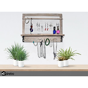Spiretro White Jewelry Organizer, Wall Mount Jewelry Holder Rack with Hooks Shelf and Removable Rod Hanging Display Earrings Necklaces Bracelets Rings Storage Accessories Wood