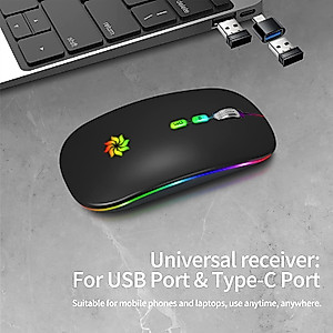 KBCASE LED Wireless Mouse Slim Silent Mouse 2.4G Rechargeable Wireless Computer Mouse Wireless Mouse for Laptop, MacBook, iPad, Chromebook, with USB & Type-c Receiver