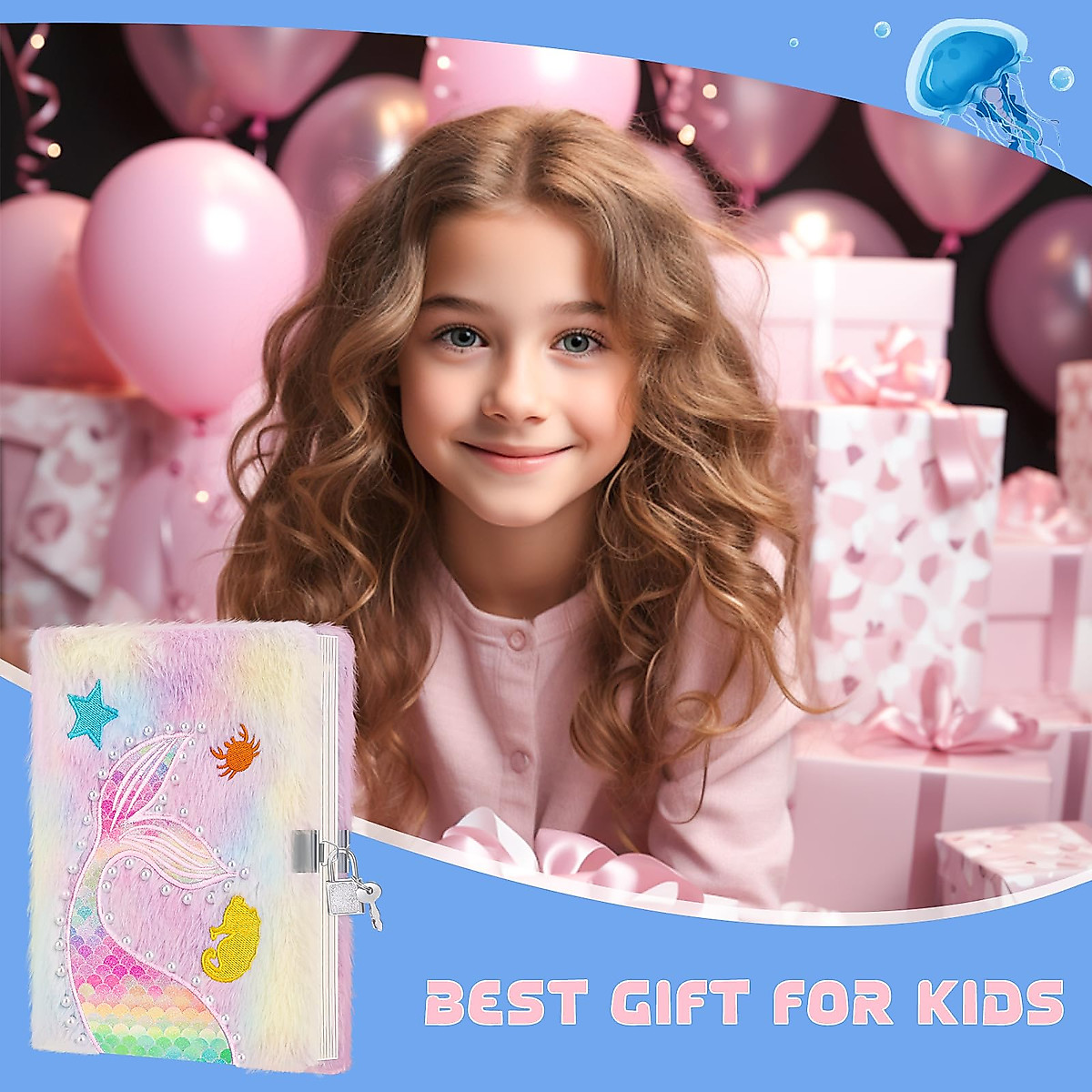 homicozy Mermaid Diary for Girls with Lock and Keys,Tie-Dye Fuzzy Journal for Kids with 160 Lined Pages,Fluffy Secret Notebook for Writing and Drawing,Gifts for Girls Over 3 Years Old,Pink