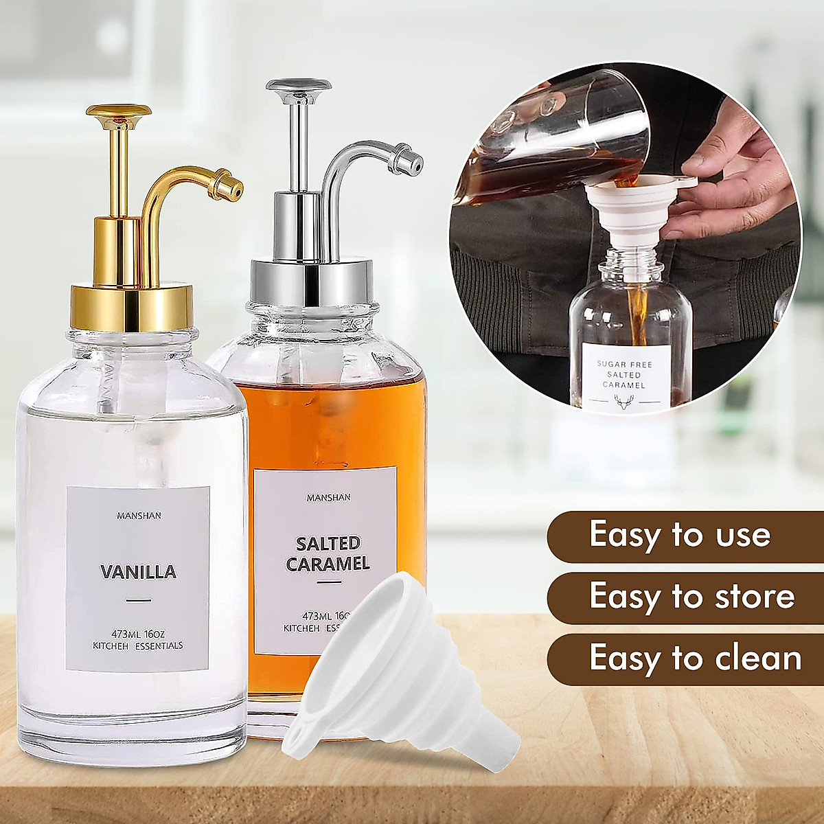 YTCYKJ Syrup Dispenser, Glass Syrup Dispenser with Stainless Steel Pump and Wooden Tray, Coffee bar Syrup Dispenser, 17oz, Set of 4, Syrup Dispenser Bottle Set(Silver＆Golden)