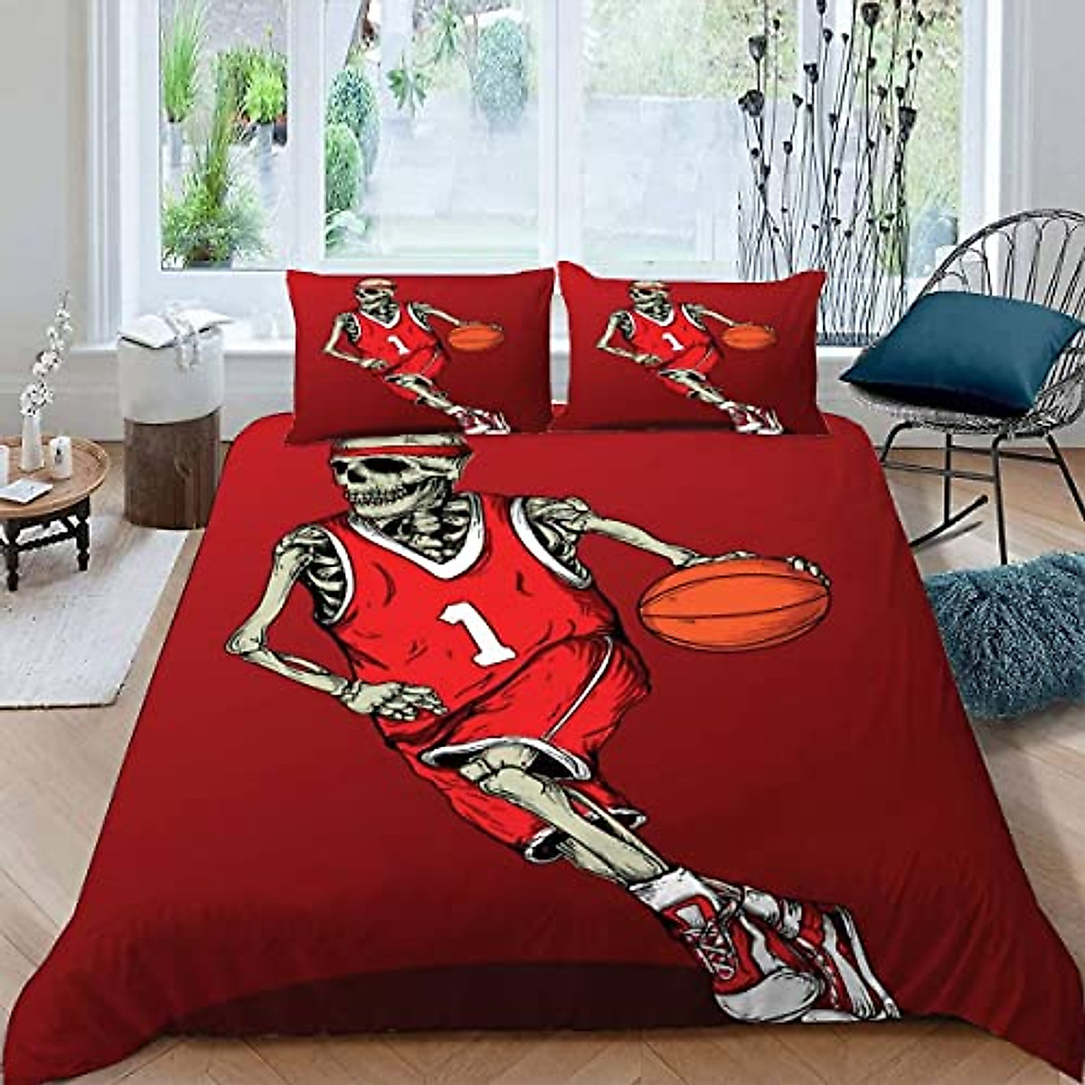 Quilt Cover Twin Size Skeleton 3D Bedding Sets Basketball Duvet Cover Breathable Hypoallergenic Stain Wrinkle Resistant Microfiber with Zipper Closure,beding Set with 2 Pillowcase