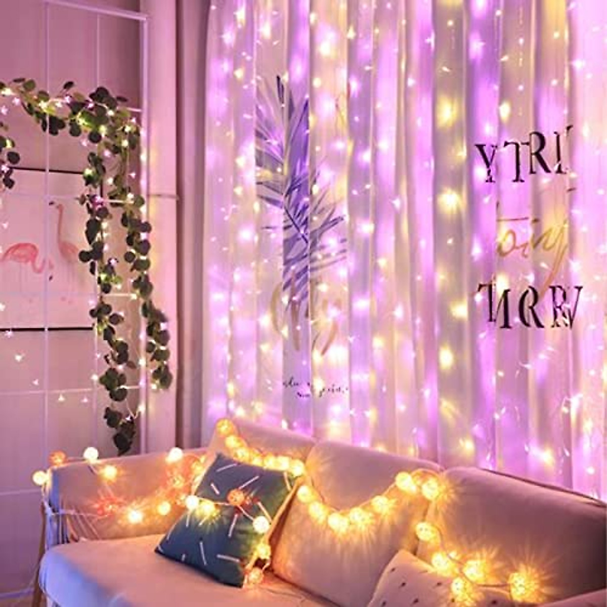 GIREALO Starry Window Curtain String Light Warm White 300 LED 8 Lighting Modes USB Powered Fairy Lights Remote Control Strip Lights for Bedroom Home-Party Wall Decorations