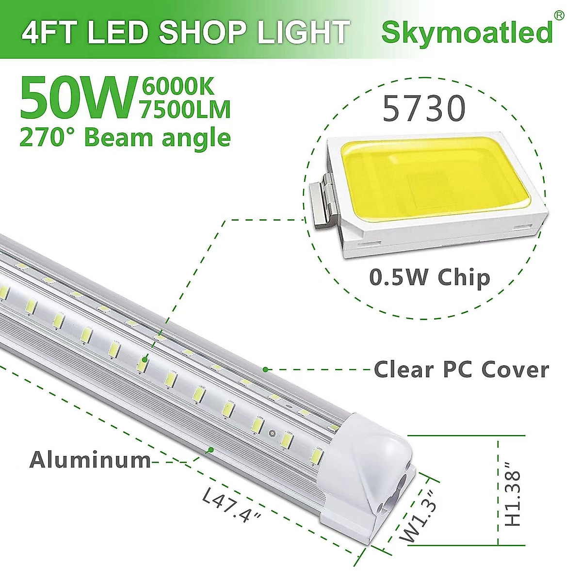 Skymoatled 8Pack 4FT LED Shop Light Garage Lights,50W 6000K 7500LM White Light,Hanging/Surface Mount,T8 4FT LED Tube Lights for Warehouse Workshop Basement,Linkable LED Shop Lights,Plug and Play