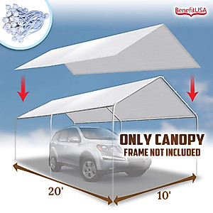 BenefitUSA 10x20 ft Carport Replacement Canopy Garage Top Cover Tent Shelter Tarp with Ball Bungee Cords, Canopy ONLY (Without/Edge)