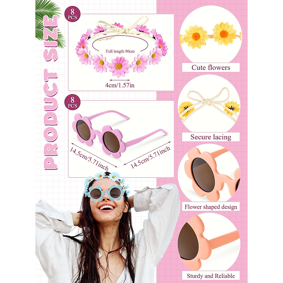 Kanayu 16 Pcs Adults Flower Sunglasses Daisy Flower Headbands Set, Round Flower Glasses Sunflower Hair Wreath Flower Crown (Classic Colors)