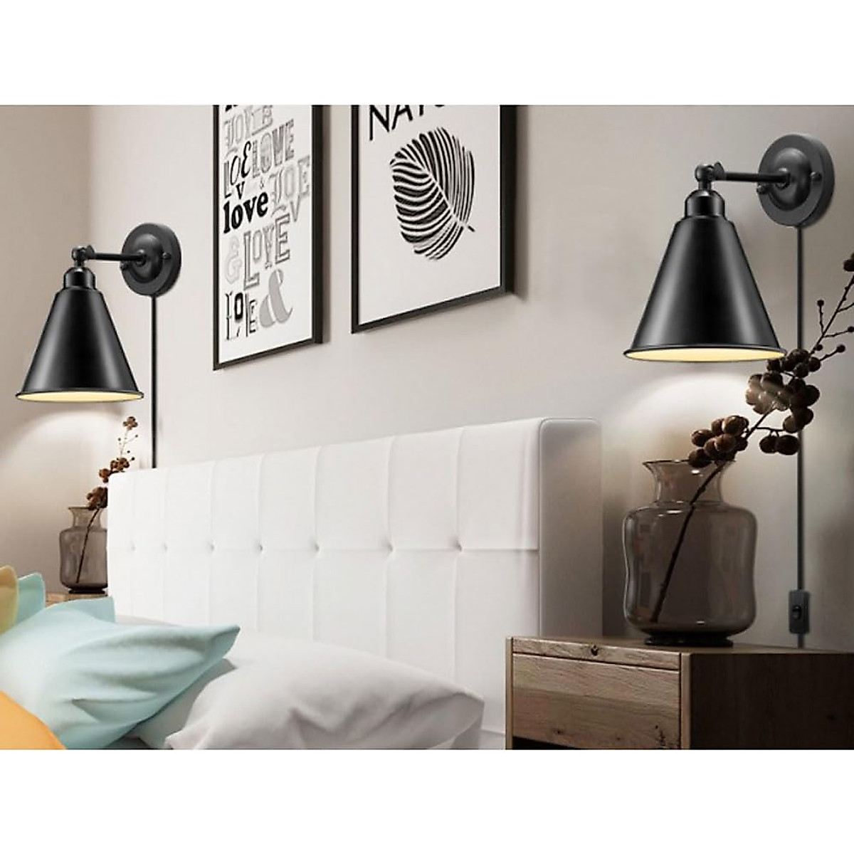 MODEBHD Swing Arm Wall Lamp Plug-in Cord Industrial Wall Sconce, Iron Black Finish,with On/Off Switch, E26/E27 Base,2pack Bedroom Wall Lights Fixtures,Bedside Reading Lamp