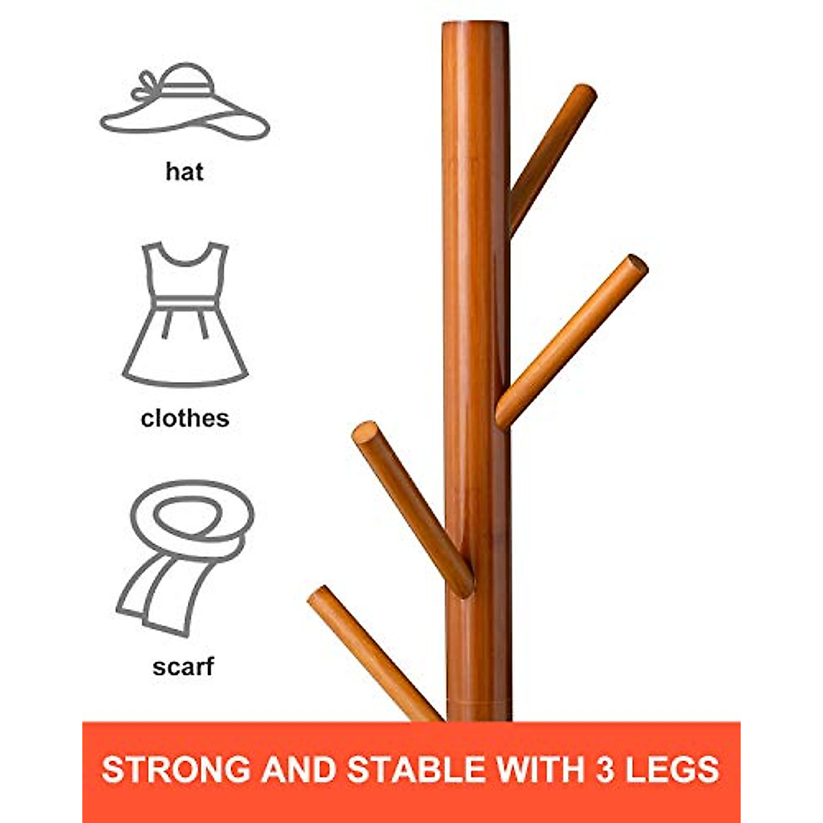 BMOSU Bamboo Coat Rack Freestanding Stand Tree Adjustable Coat with 3 Sections 8 Hooks Easy to Assemble Standing Coat Jackets Hanger for Bedroom Office Hallway Entryway Brown