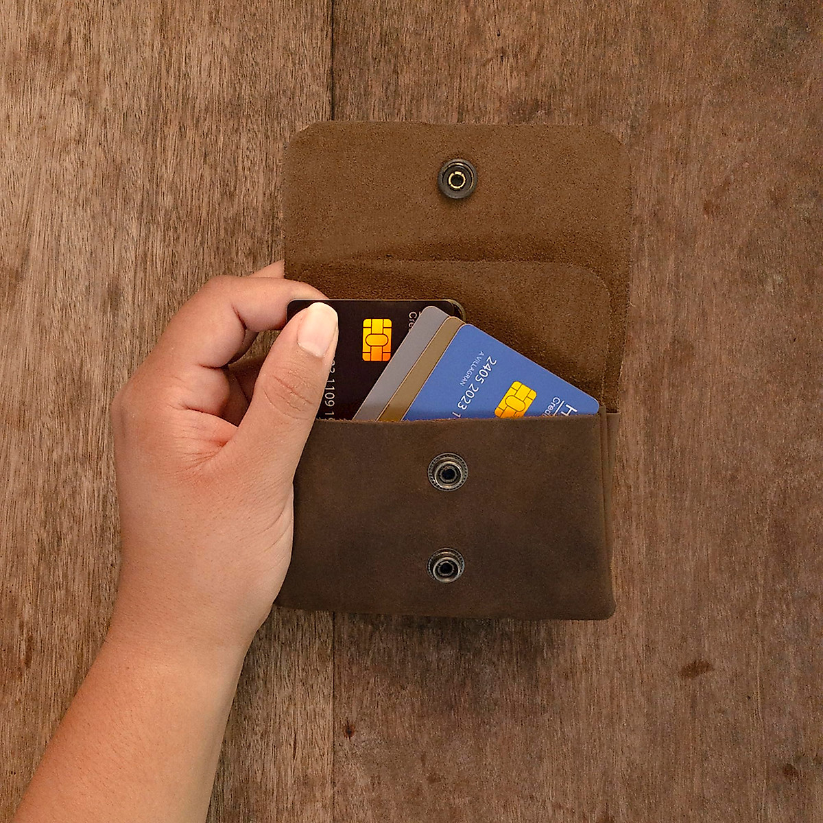 Hide & Drink, Double Pouch Wallet for Men and Women, Rectangular Card Holder, Money Organizer, ID Case, Classic Style, Full Grain Leather, Handmade, Bourbon Brown