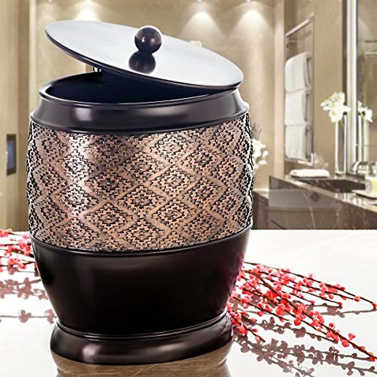 Creative Scents Dublin Small Trash Can with Lid - Decorative Waste Basket, Durable Resin Slim Bathroom Covered Garbage Can Wastebasket Bin for Diaper/Paper (Brown)