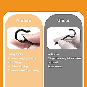 10 PCS Q Hanger Hooks with Safety Buckle, Windproof Screw for Hanging Outdoor String Lights, Screw in Cup Hooks, Eye Hooks, Ceiling Hooks for Hanging Plants, Holiday Decor & Patio Lights, Black