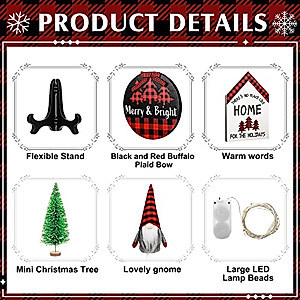10 Pieces Farmhouse Decor for Tiered Tray, Black White Buffalo Plaid Gnome Wooden Mini Sign Rustic Table Ornaments with String Lights for Kitchen Table Decoration, Housewarming Gift (Plaid Style)