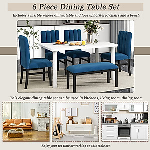RITSU 6 Piece Rectangular 60" Table Set with Marble Veneer for 6 People, KitchenTableSeat with 4 Dining Chairs and 1 Benches for Living, Guest Room, Home Bar and Kitchen, White + Blue