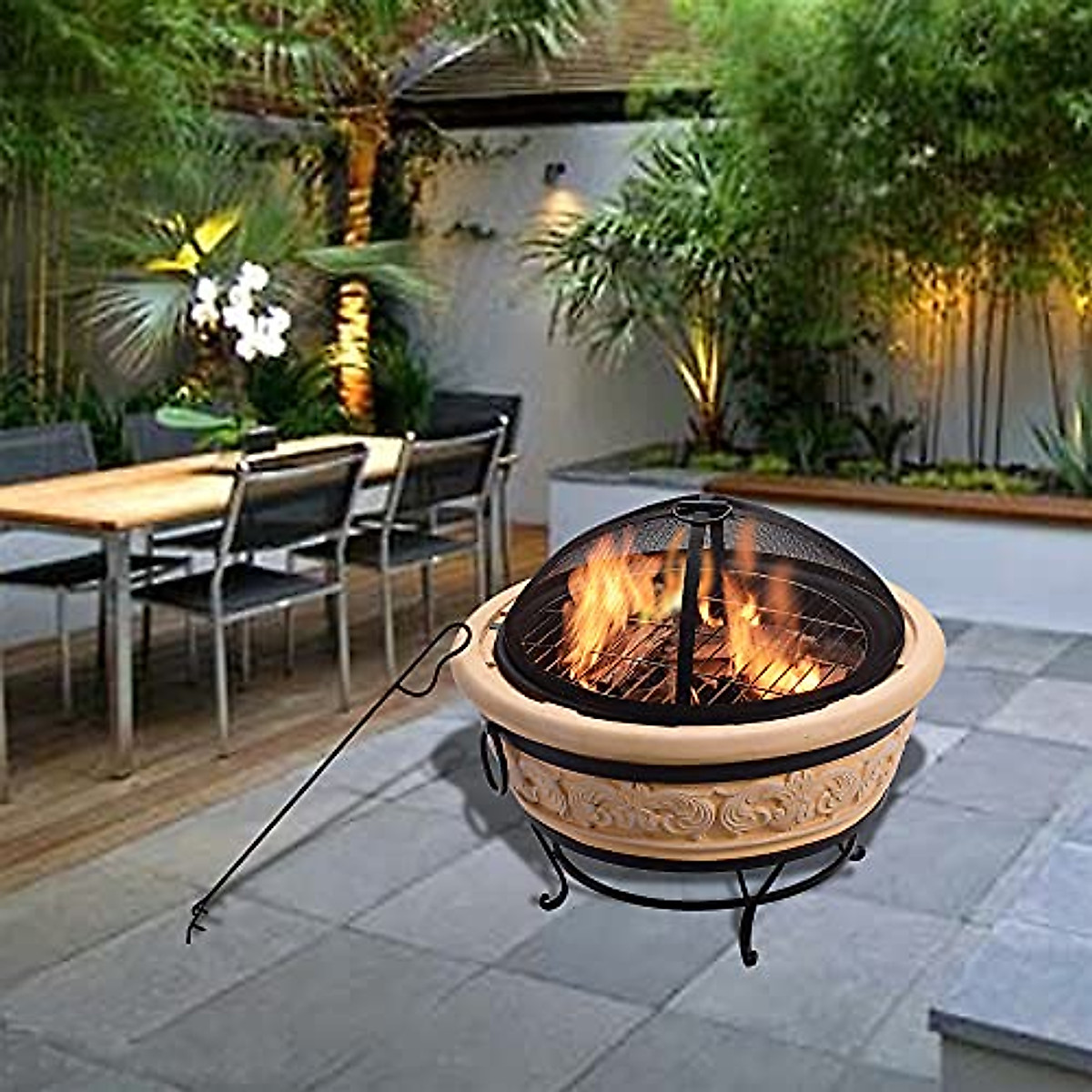 Teamson Home Wood Burning Fire Pit with Spark Screen, Fireplace Poker, Grilling Grate, and BBQ Grill for Outdoor Patio Garden Backyard Decking, 27 Inch Length, Light Brown