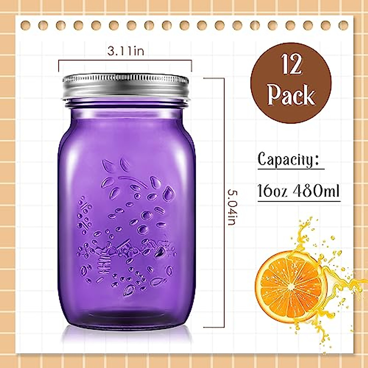 Tessco 12 Pieces 16 oz Colored Mason Jars with Lids Glass Regular Mouth Pint Canning Containers Kitchen Canisters for Food Storage, DIY Crafts, NOT Allowed Dishwasher (Purple)