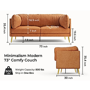 Vesgantti Leathaire Couch Loveseat Sofa, 73" Mid-Century Modern Couch with Deep Seat Comfort Cushions, Small Sofa Couches for Living Room, Bedroom, Office, Apartment, Tool-Free Assembly, Orange
