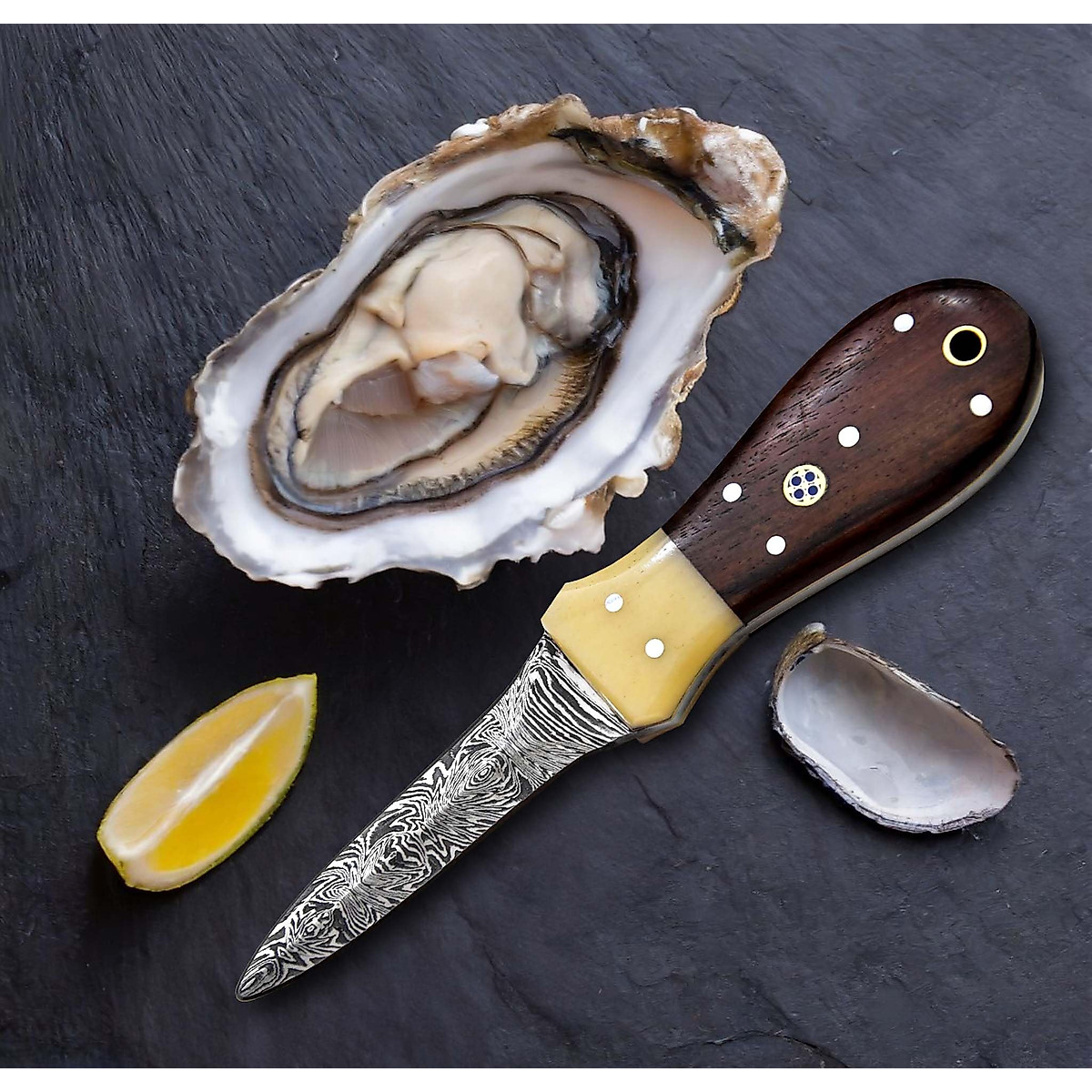 Oyster Shucker Knife Oyster Knife Damascus Steel Camel Bone & Walnut Handle Leather Sheath Seafood Opener Kit Tool Non Slip Handle (Walnut Handle)