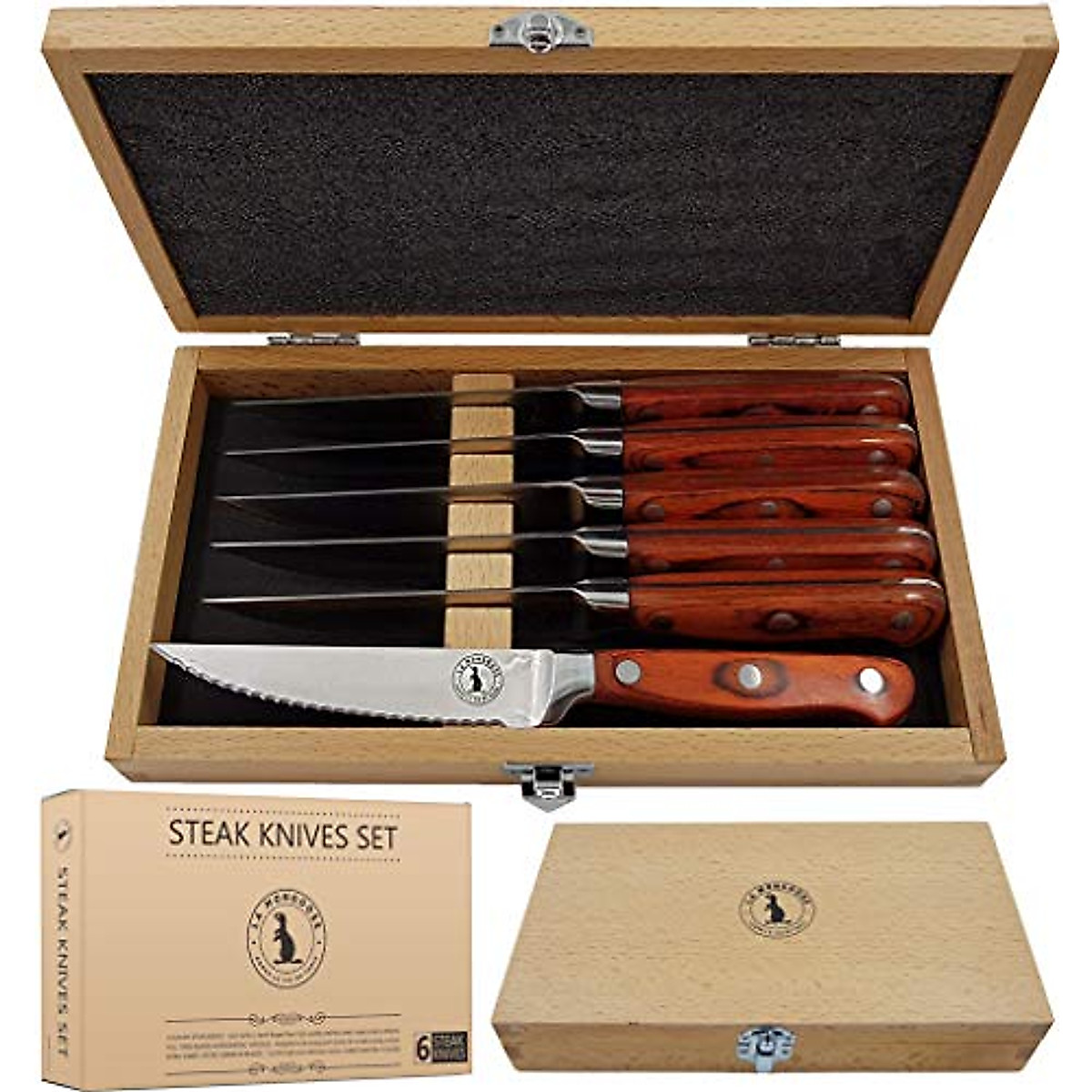 Steak Knife Set in Gift Box 6 Full Tang High Carbon Stainless Steel Micro Serrated Knives Classic Dark Brown Ergonomic Pakkawood Handles Luxury Beech Wood Case Premium Deluxe Birthday Gift Idea