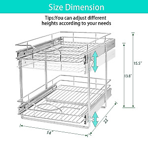 Pull Out Cabinet Organizer, Heavy Duty-14"W x 22"D x 15.5"H（13.8"H）,Request at Least 14.5"W x 22"D x 14"H Cabinet, 2 Tier Sliding Pull out drawers for kitchen cabinets, Chrome