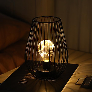 TRIROCKS Metal Cordless Table Lamp - 8'' Tall Cage Shape Battery Operated Lamp with Warm Fairy Lights Bulb for Indoor/Outdoor Use, Perfect for Christmas, Patio, Garden, and Weddings (Black)