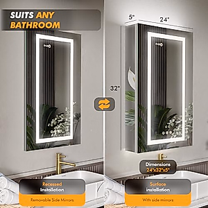 KRISTALLUM LED Lighted Medicine Cabinet Front & Backlit Dimmable Colours, Clock & Temp, USB Outlets