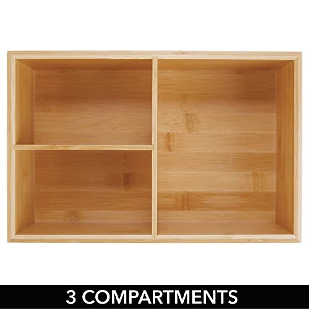 mDesign Bamboo Bathroom Vanity, Cabinet, Countertop Organizer Storage Box, 3 Divided Sections, Holds Combs, Hairspray, Gel, Wipes, Makeup Remover, Bath Salts, Lotions, Echo Collection, Natural/Tan