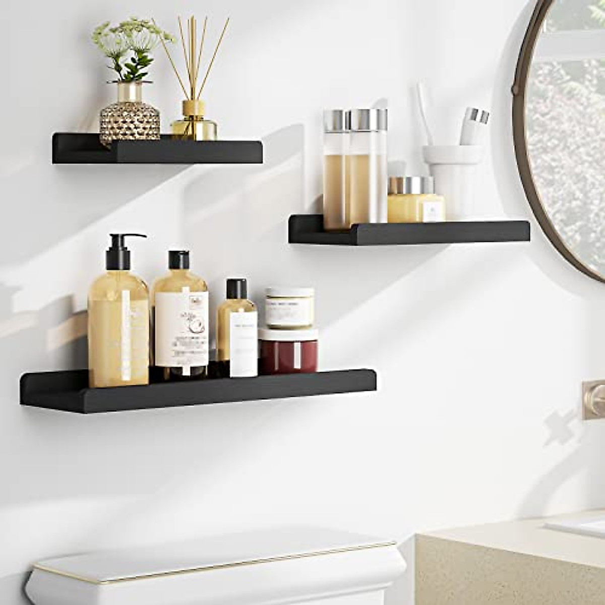 Alsonerbay Black Floating Shelves, Floating Shelves Wood for Wall Storage, Wall Shelf for Bedroom, Living Room, Bathroom, Kitchen, Office and More, Set of 3