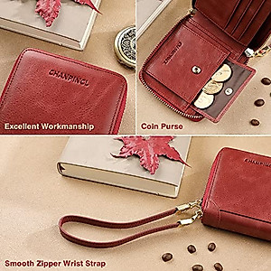 MANBANG RFID Wallets for women Genuine Leather Zipper Purses Secure Large Capacity Multi-card Wallets Clutch Travel Wristlet (Red)