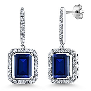 Gem Stone King 925 Sterling Silver Gemstone Birthstone Earrings | Emerald Cut 9X7MM | Drop Dangle Earrings for Women