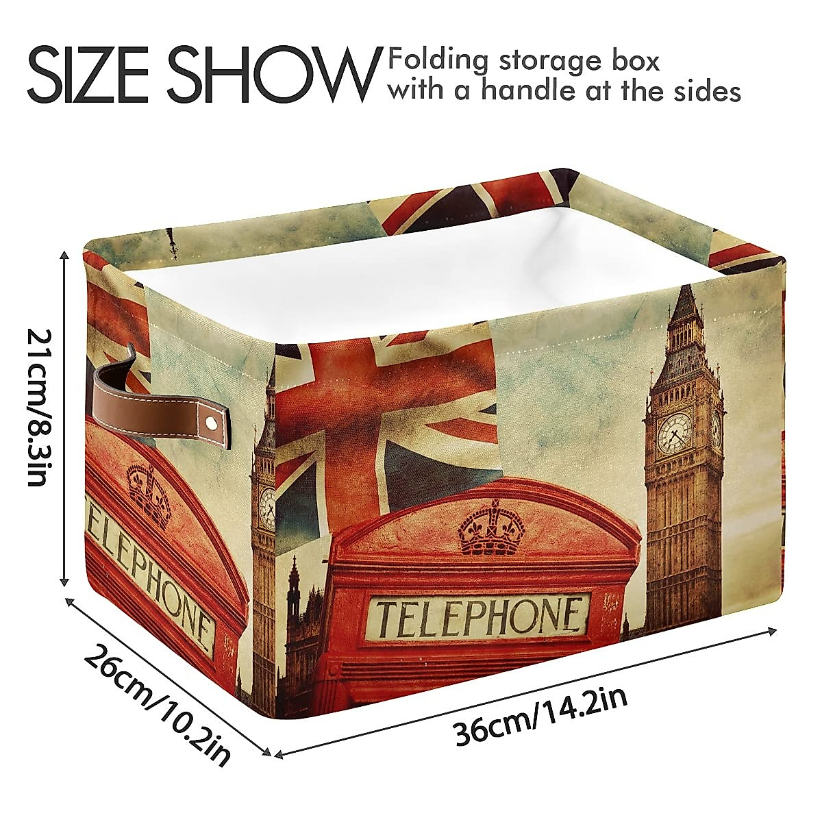 AUUXVA London UK Flag Telephone Booth Storage Bins Basket, Big Ben Union Jack Collapsible Storage Cube Rectangle Storage Box with Handles for Shelf Closet Nursery Bedroom Home Office 2 Pack