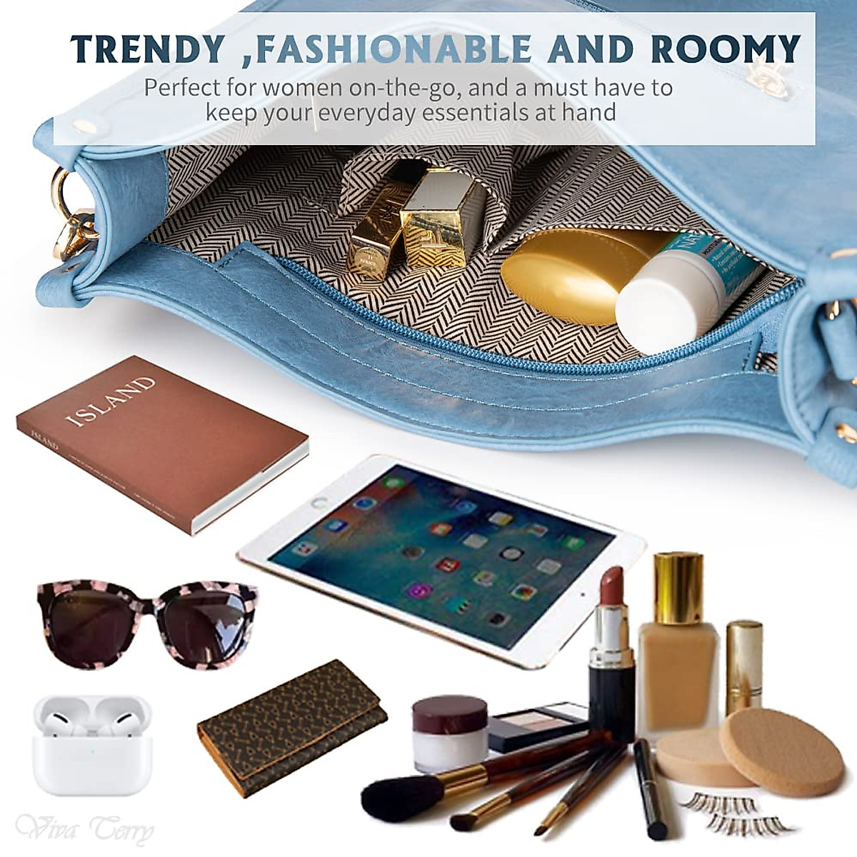 Viva Terry Vegan Leather Crossbody Fashion Shoulder Bag Purse with Adjustable Strap (Light Blue)