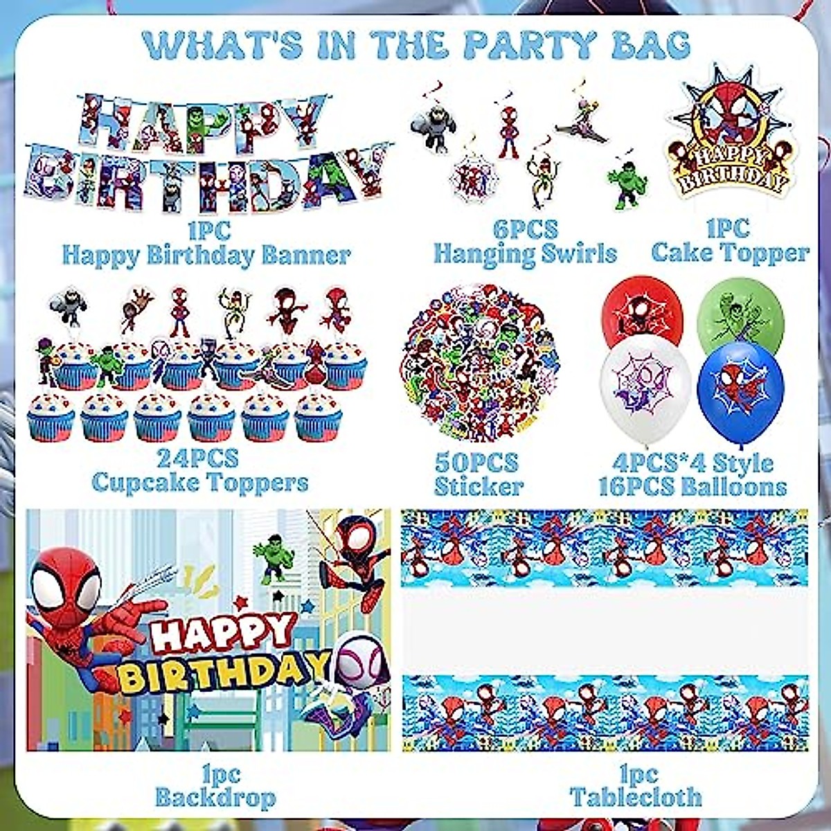 Spidey and Friends Birthday Decorations Include Banner, Backdrop, Balloons, Hanging Swirls, Cake Cupcake Toppers, Tablecloth for Spidey and His Amazing Friends Birthday Decorations