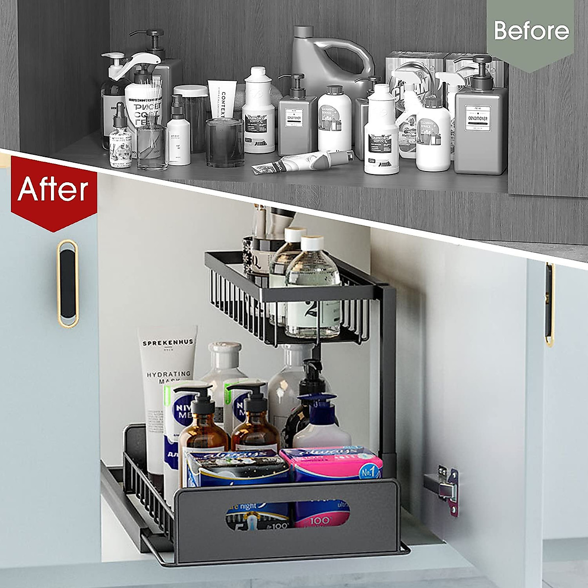 Under sink organizer, Furihshe kitchen storage pull out double shelf drawer 2-Tier Slide Out Sliding Shelf Under Cabinet Storage Multi-Use for Under kitchen sink organizers and storage, Black