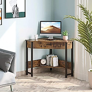 ODK Corner Desk, Triangle Computer Desk Corner Vanity with Large Drawer & Storage Shelves, Corner Writing Desk for Workstation