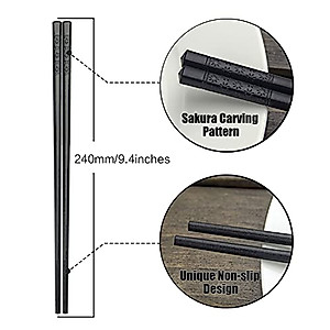 Chopsticks, YFWOOD 5 Pairs Fiberglass Chopsticks - Reusable Japanese Chinese Chopsticks Dishwasher Safe, Non-Slip,9.4 Inch- Black