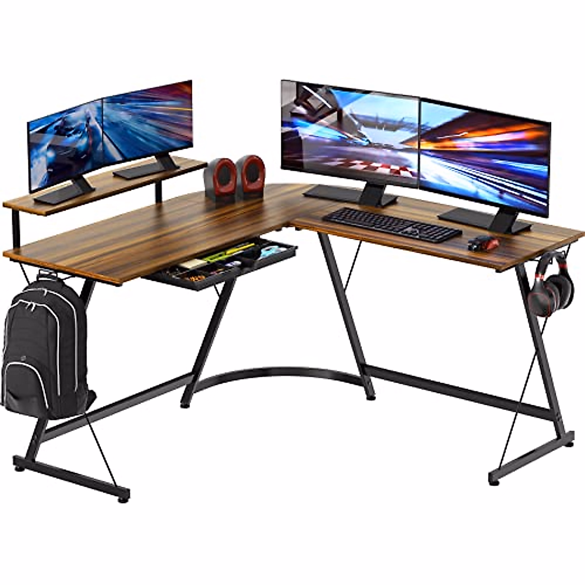 SHW Vista L-Shape Desk with Monitor Stand, Walnut