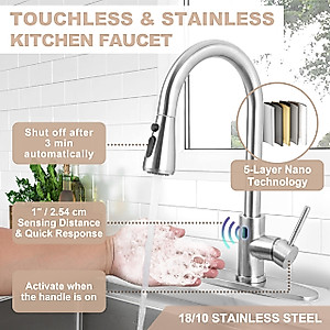 Touchless Kitchen Sink Faucet with Pull Down Sprayer, Herogo Brushed Nickel Stainless Steel Smart Activated Kitchen Faucet with Soap Dispenser, Single Handle Motion Sensor Faucet for Farmhouse RV Sink