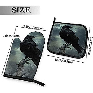 Raven Oven Mitt and Pot Holder Kitchen Set of 2: Heat Resistant Oven Mittens and Hot Pads Potholders for Kitchen