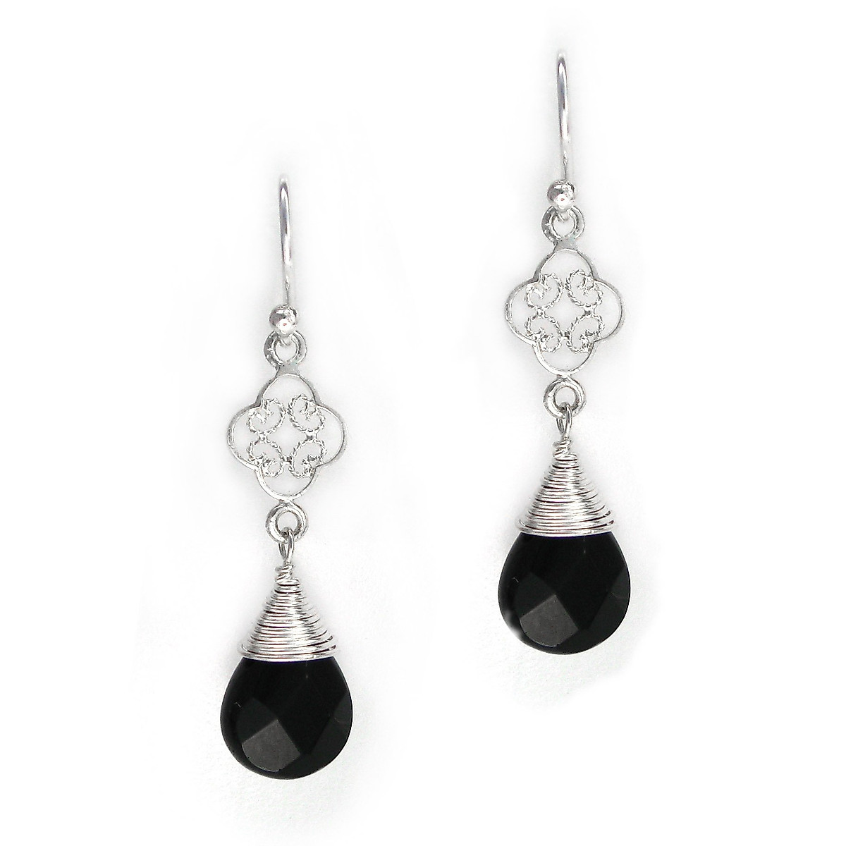Sterling Silver Filigree Clover Crystal Briolette Drop Wire-wrapped Top Earrings, Black