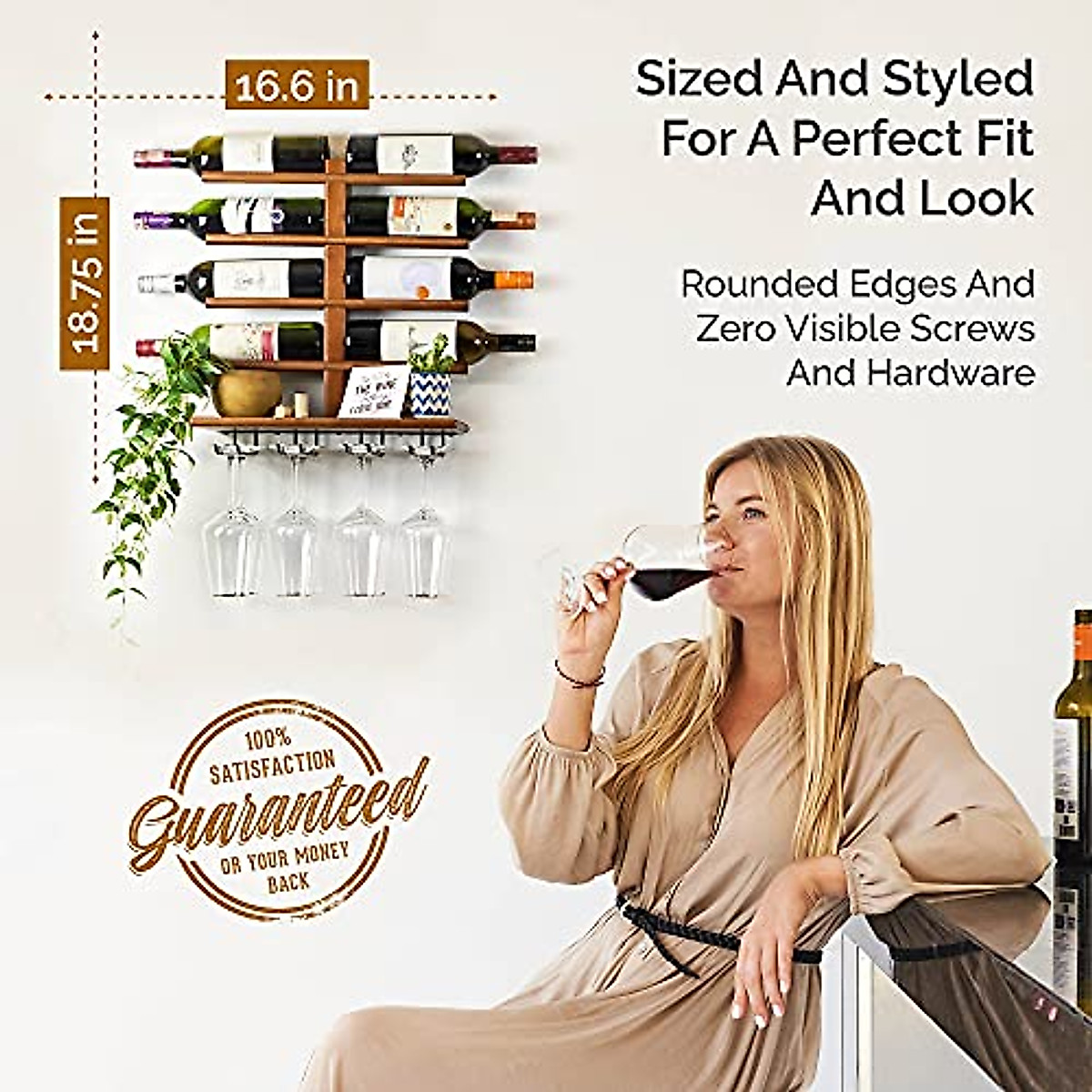 HELYA DESIGN Wine Rack Wall Mounted with Shelf for 8 Wine Bottles & Glasses - Wood Rustic Wine Glass Floating Rack with Stemware Hanger. Wine Decor and Storage Holder for Kitchen, Living Room & Bar
