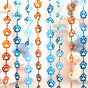 LOLStar Blue Dog Birthday Party Supplies, 2 Packs of 3.3X6.6 ft Orange Blue and Light Blue Dog Paw Foil Fringe Curtains,Blue and Orange Backdrop,Photo Booth Prop for Blue Dog Themed Party Decorations