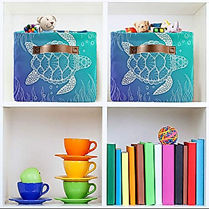 Storage Basket Ocean Animal Sea Turtle Storage Bin with Handle Foldable Rectangle Fabric Organizer Basket for Home Bedroom Nursery Closet, 1 Pack