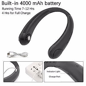 Nopligen Portable Neck Fans, Hands Free Bladeless Fan 4000 mAh Battery Operated Wearable Fan 3 Speeds Rechargeable Leafless Ultra-Quiet for Travel Outdoor (Black)