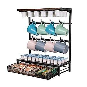 TQVAI Coffee Pods Drawer with Mug Hooks, 50 Capacity Coffee Pod Holder, Coffee Station Organizer for K Cups, Tea Bags, Espresso Capsule Coffee Creamer, Black/Archaize